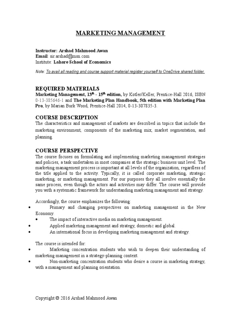 Course Outline 2017 Marketing Management | PDF | Strategic Management ...