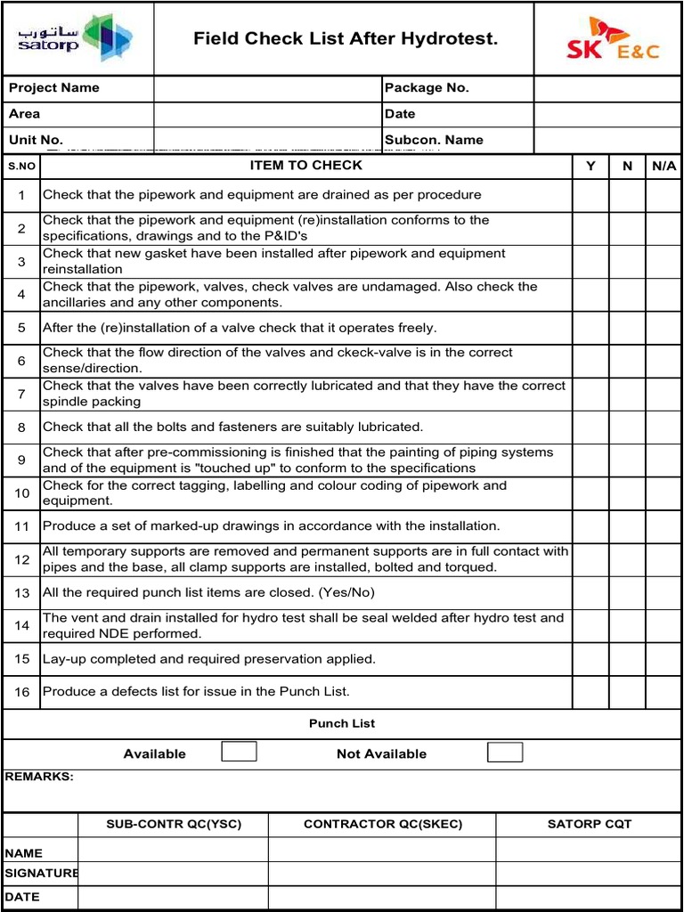 Hydrotest Check List PDF | PDF | Pump | Hvac