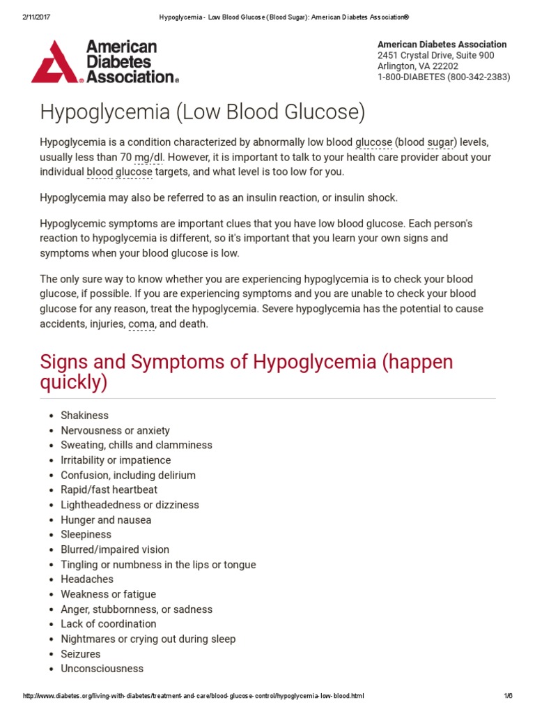 Hypoglycemia - Low Blood Glucose (Blood Sugar) - American Diabetes ...