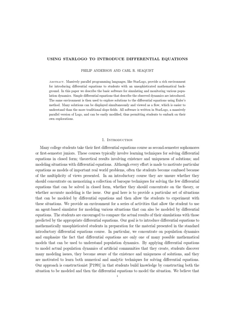 Using StarLogo To Introduce Differential Equations - Philip Anderson and Carl Seaquist | PDF ...