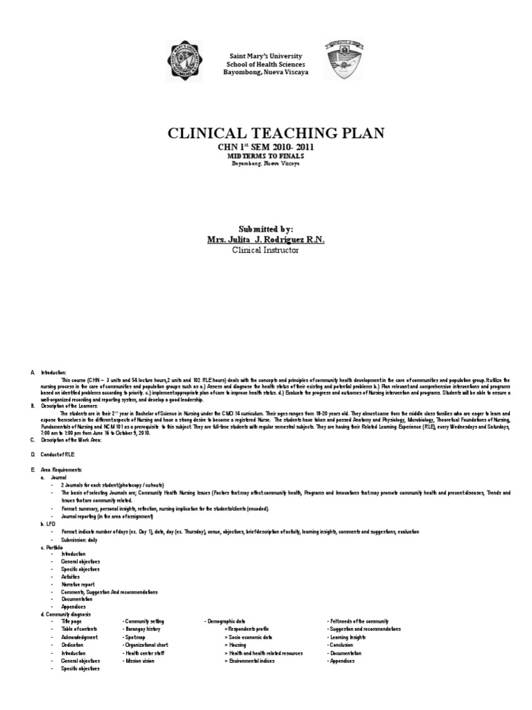 Clinical Teaching Plan: CHN 1 SEM 2010-2011 | PDF | Nursing | Evaluation