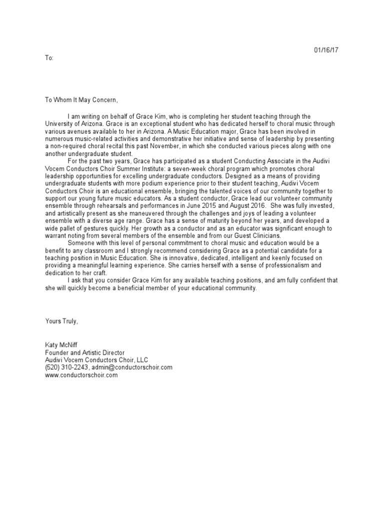 Recommendation Letter Katy Mcniff 2017 | PDF | Conducting | Choir