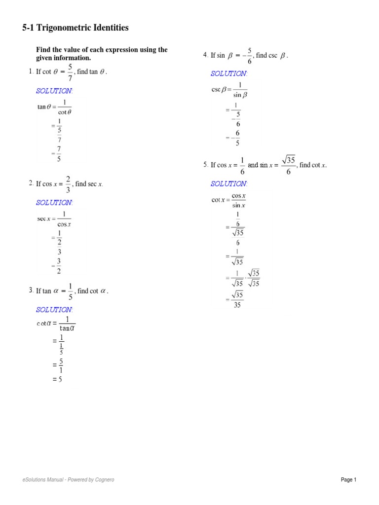 5-1 Trigonometric Identities: Esolutions Manual - Powered by Cognero ...