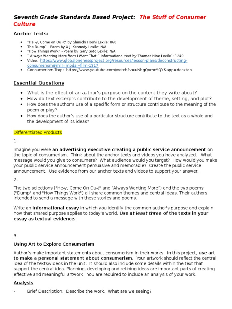 Seventh Grade Standards Based Project With Rubric and Consumerism | PDF ...