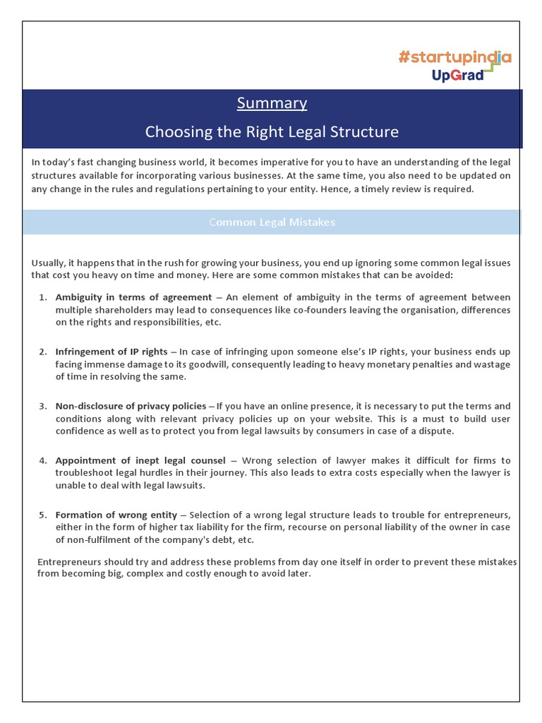 Summary - Choosing The Right Legal Structure | PDF | Partnership | Sole ...