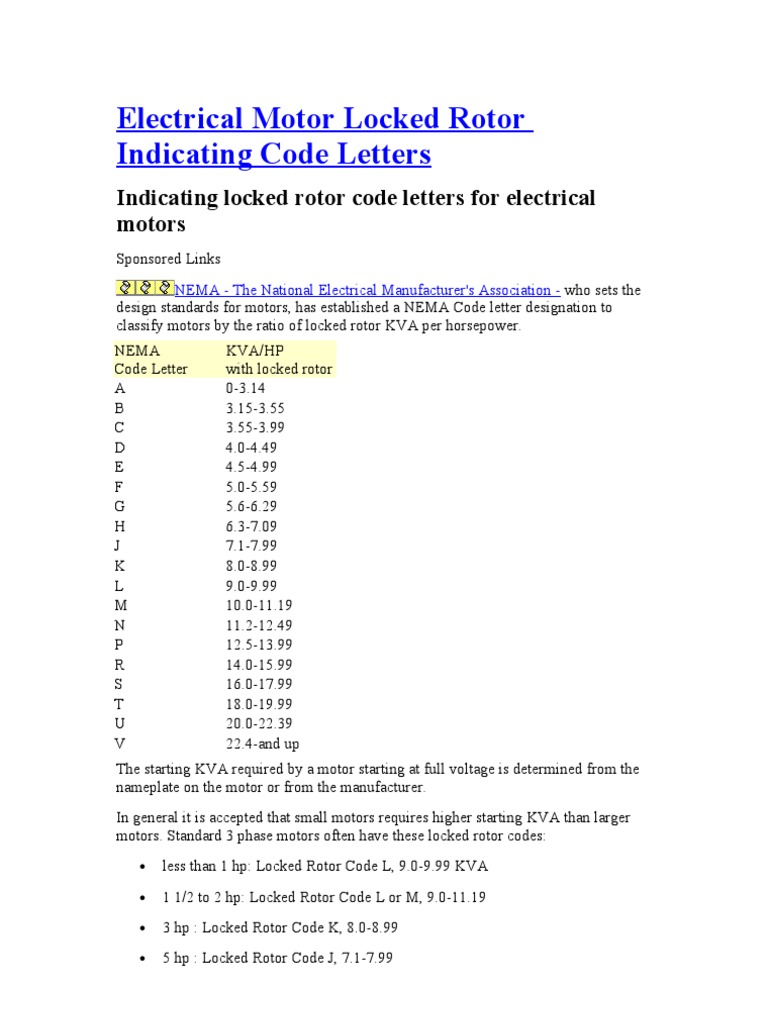 Electrical Motor Locked Rotor Indicating Code Letters | PDF | Home ...