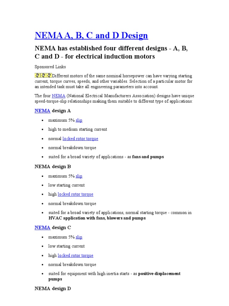 Nema A, B, C and D Design | PDF | Electric Motor | Engines