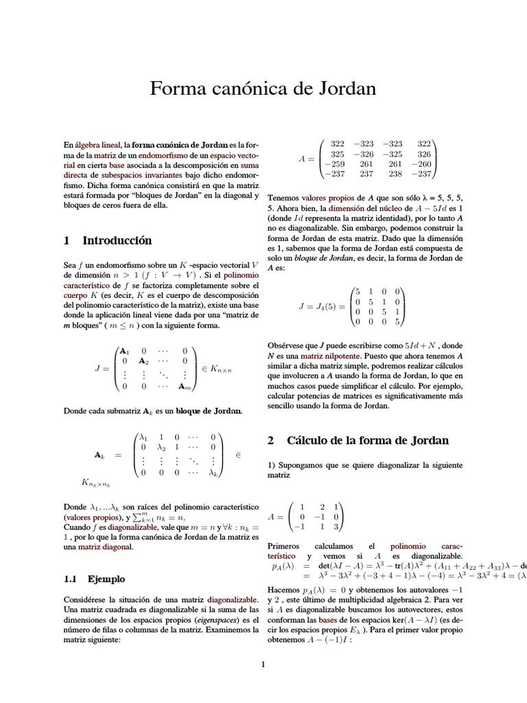 Forma Canónica de Jordan: 1 Introducción | PDF | Valores propios y ...