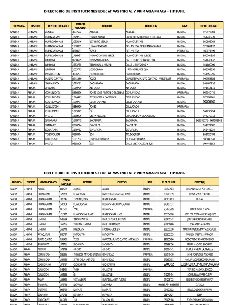 Directorio de Instituciones Educativas Inicial y Primaria Phara | PDF