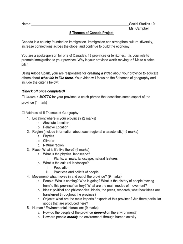 5 Themes of Canada Project: (Check Off Once Completed) | PDF ...