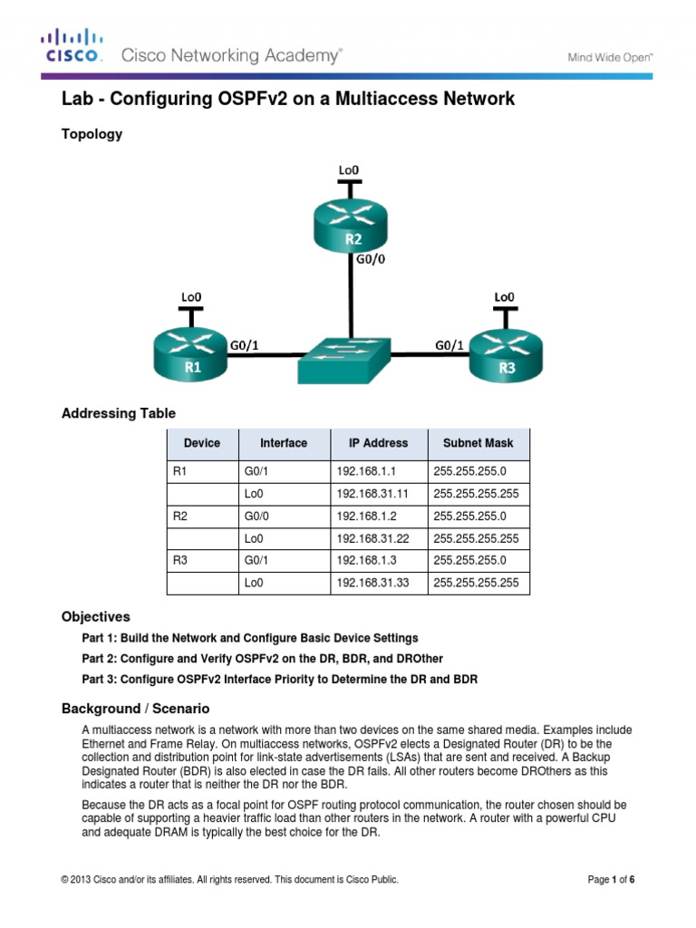 5.1.2.13 Lab - Configuring OSPFv2 On A Multiaccess Network | PDF | Ip ...