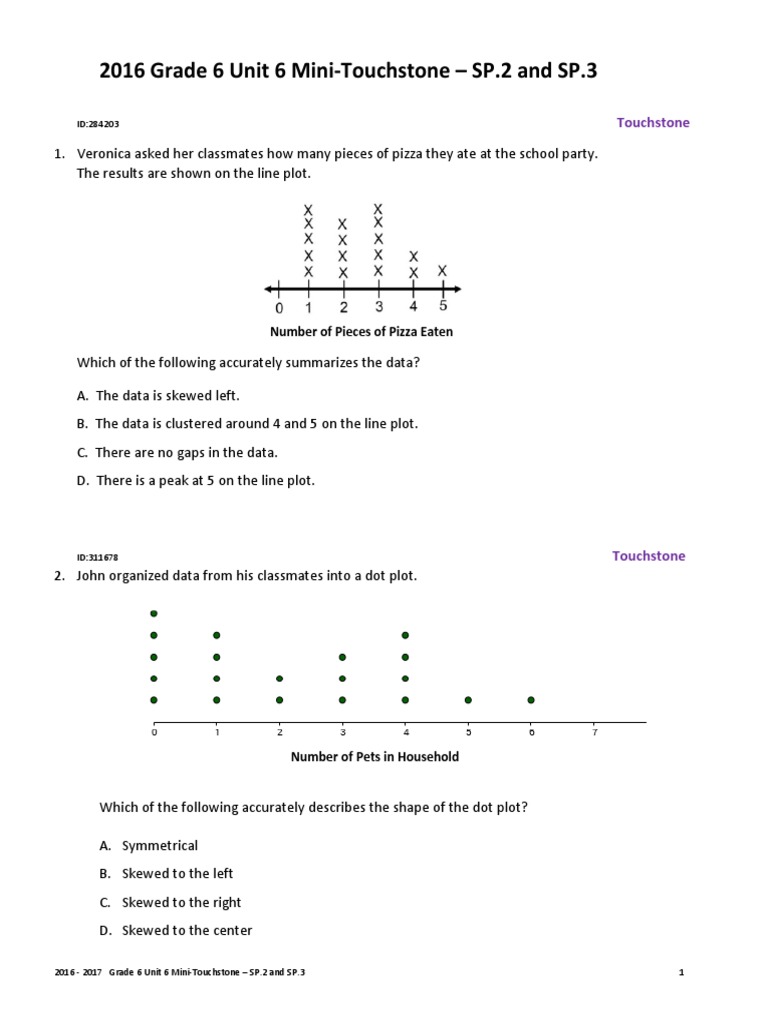 Grade 6 Unit 6 Mini Touchstone - SP 2 and SP 3 | PDF | Median | Mean