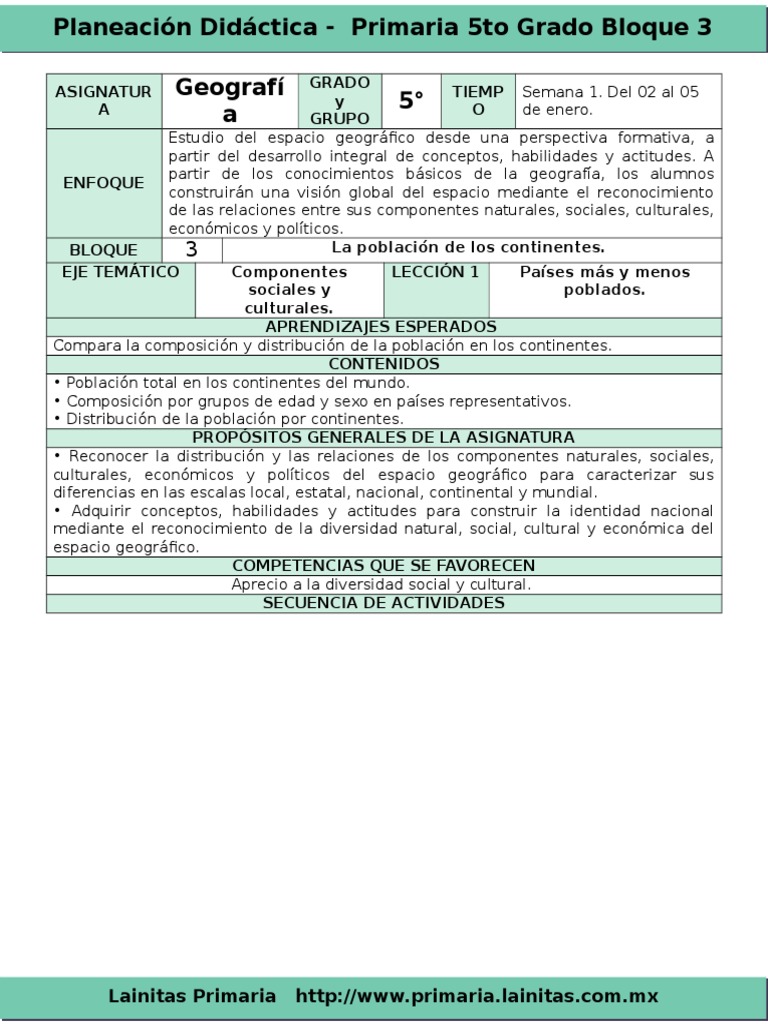 Plan 5to Grado - Bloque 3 Geografía (2016-2017) | PDF | Migración humana | Área rural