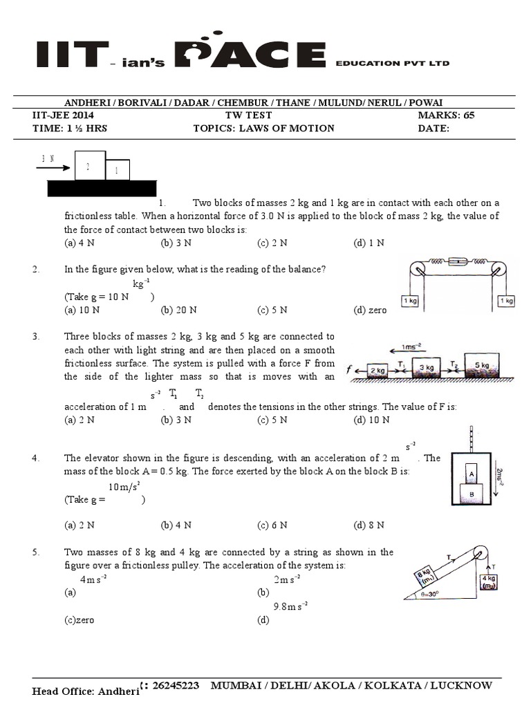 Laws of Motions (Question Paper) | PDF | Tension (Physics) | Force
