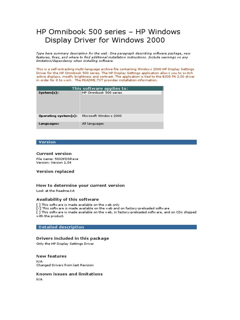 HP Omnibook 500 Series - HP Windows Display Driver For Windows 2000 ...
