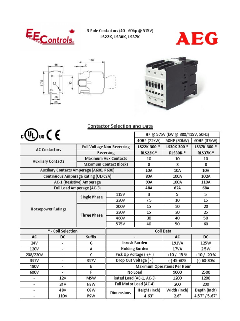 Contactor Selection and Data: LS22K, LS30K, LS37K | PDF | Electrical ...