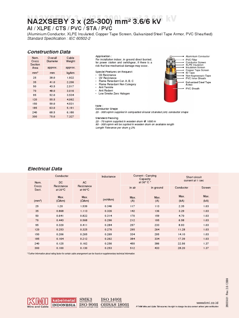 NA2XSEBY 3 X (25-300) MM 3.6/6 KV | PDF | Electrical Conductor | Cable