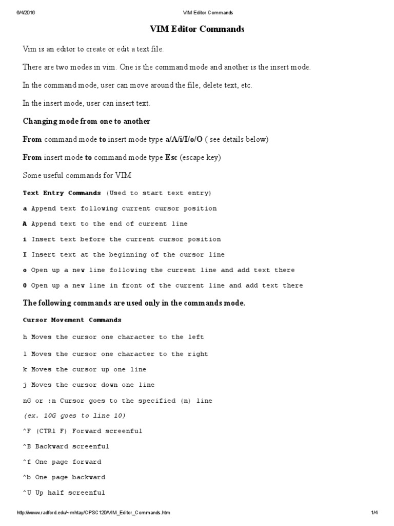 VIM Editor Commands: (Ex. 10G Goes To Line 10) | PDF | Cursor (User Interface) | Filename