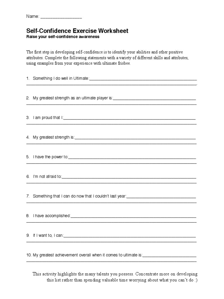 Ultimate Frisbee Confidence Boost Worksheet | PDF | Career & Growth ...