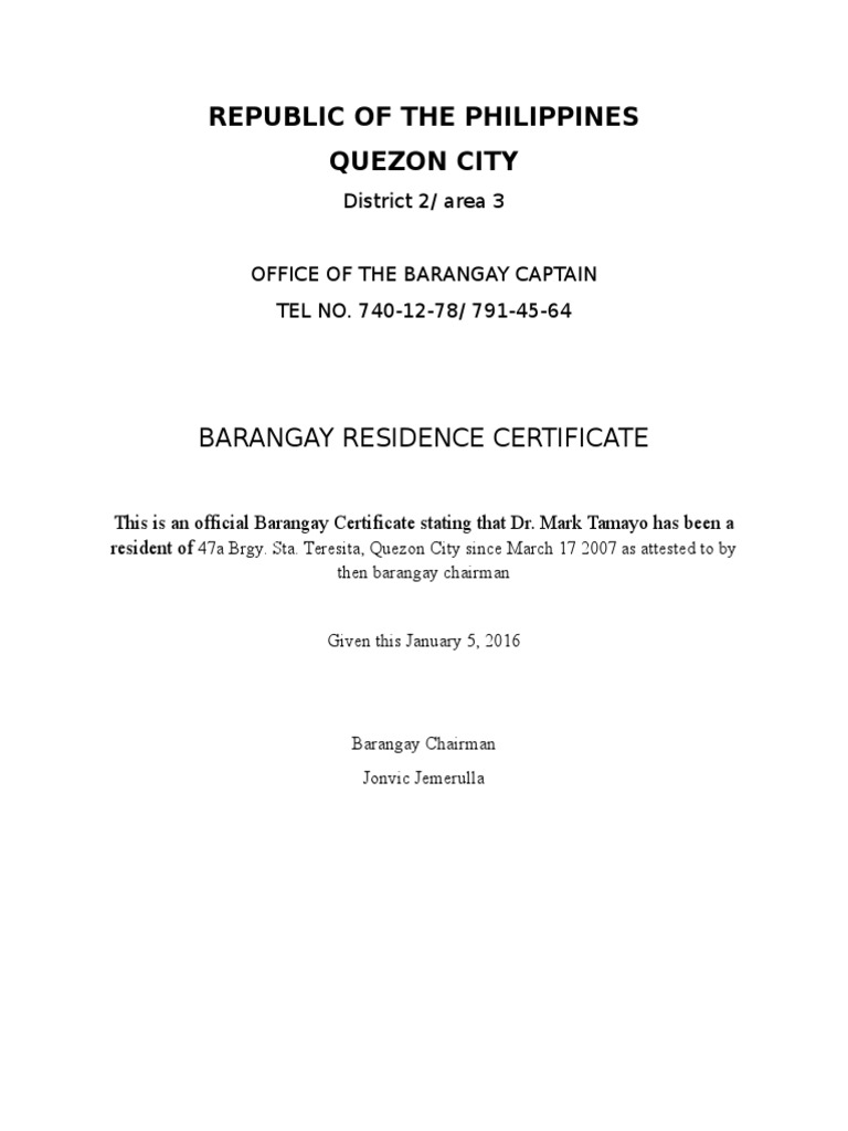 Republic of The Philippines Quezon City: Barangay Residence Certificate ...