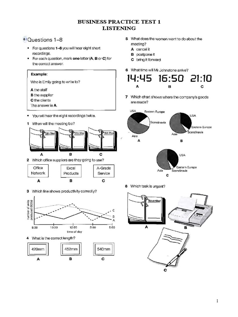 Business Practice Test 1: Sample Listening and Reading Sections | PDF