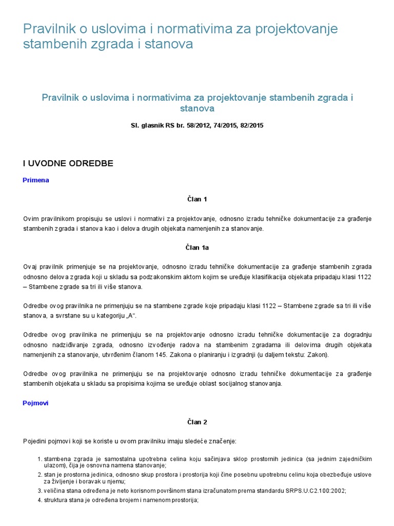Pravilnik o Uslovima I Normativima Za Projektovanje Stambenih Zgrada I Stanova | PDF