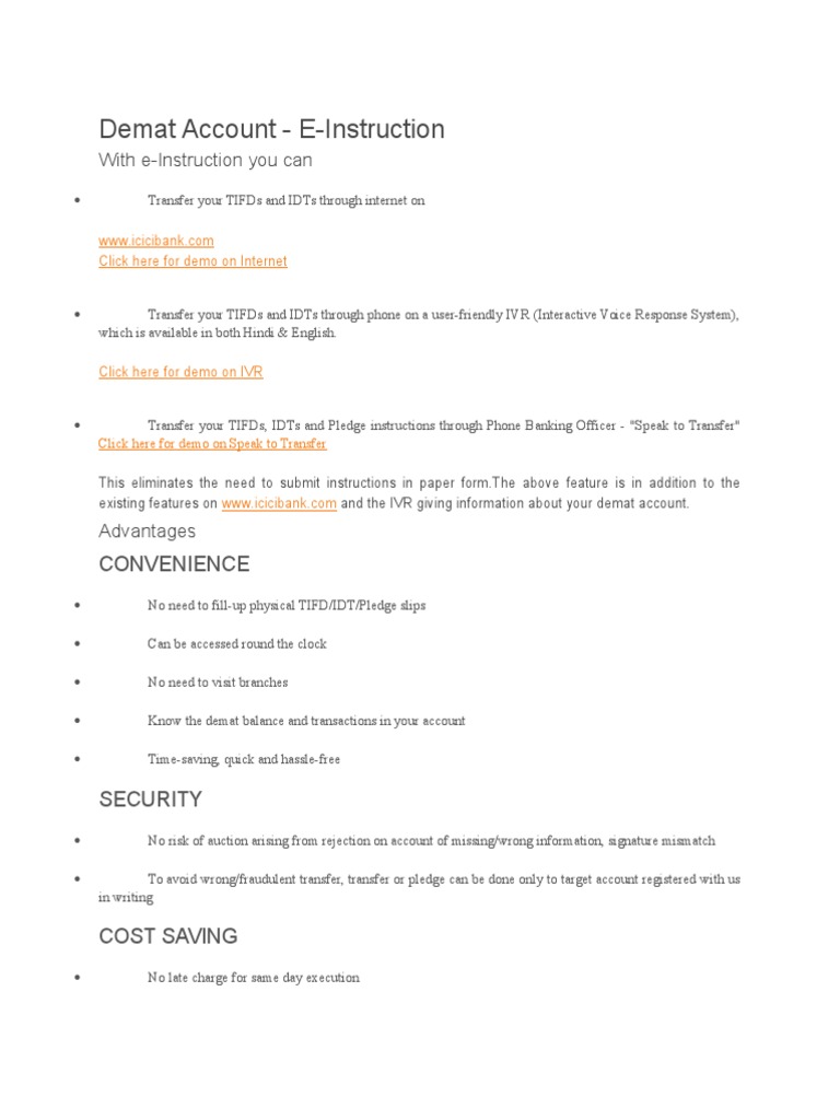 ICICI Bank Demat Account E-Instruction Guide | PDF