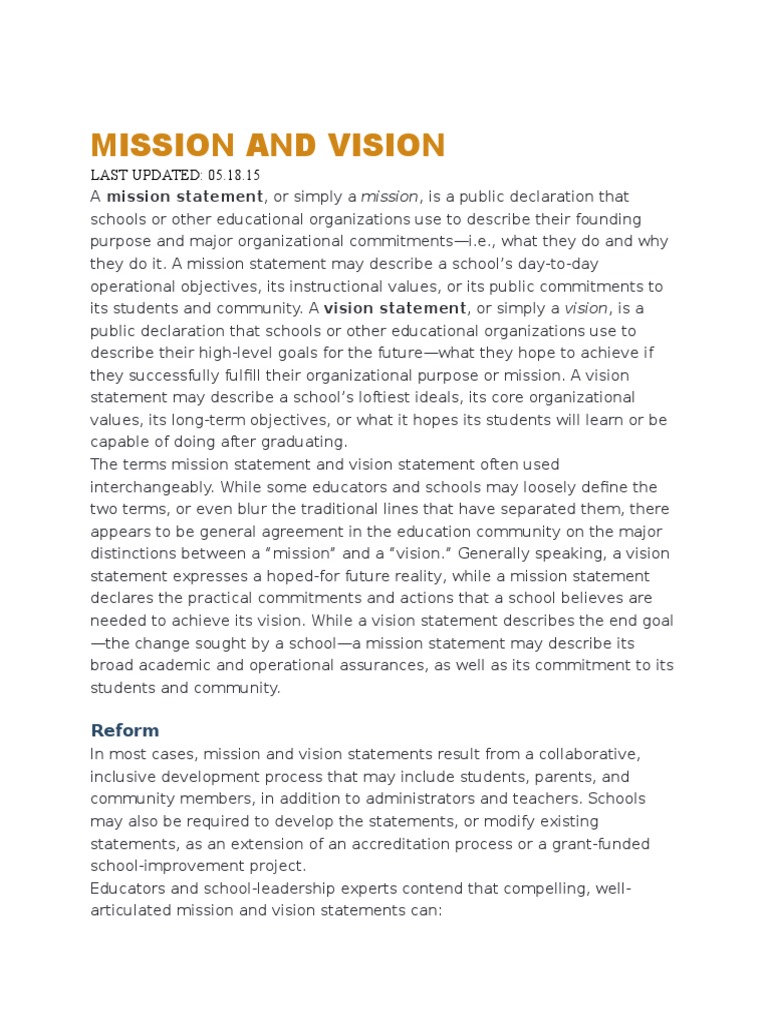 Mission and Vision Statements Guide School Reform | PDF | Goal | Curriculum