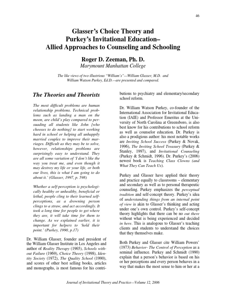 Glasser's Choice Theory and Purkey's Invitational Education - Allied ...