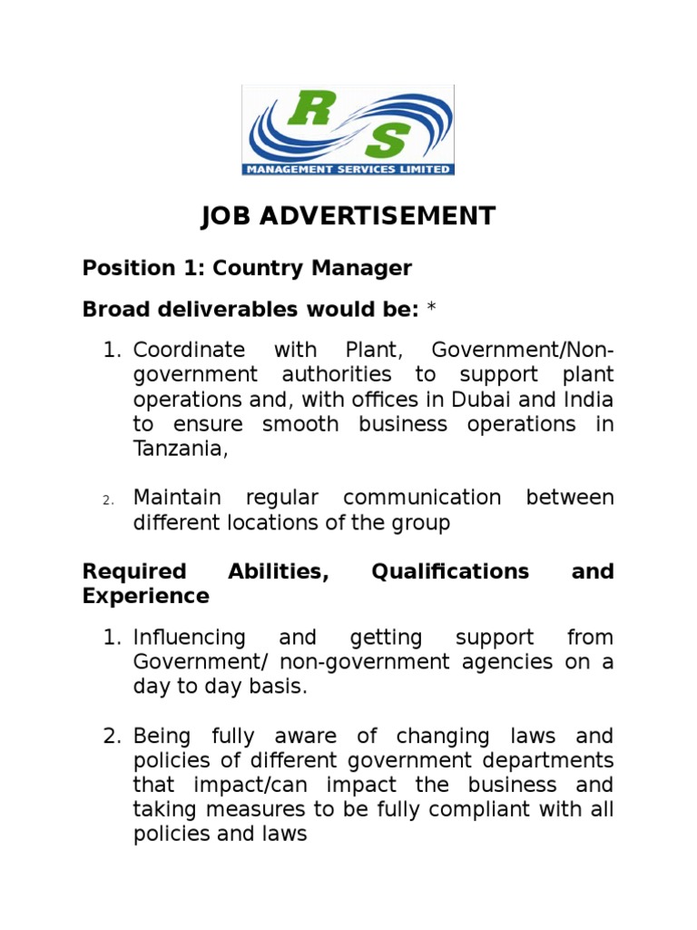 Management Services Limited: JOB ADVERTISEMENT | PDF | Project Manager ...