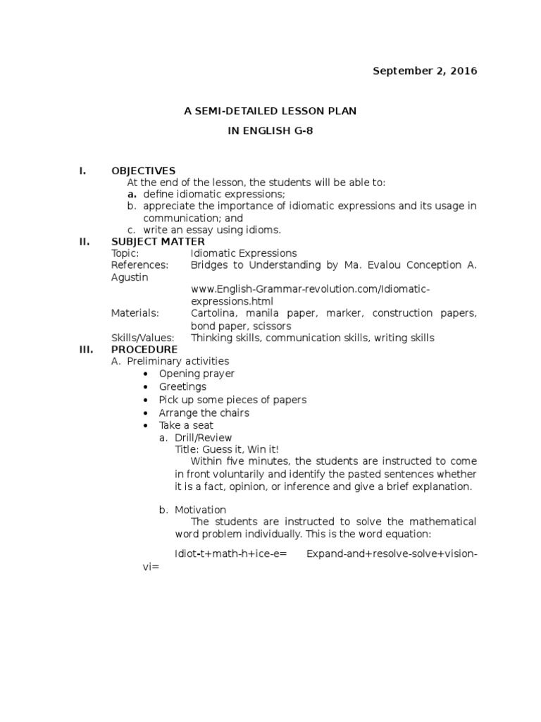 Tesl Lesson Plan (Idioms) | Download Free PDF | Idiom | Lesson Plan