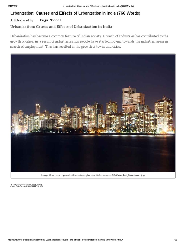 Urbanization - Causes and Effects of Urbanization in India (766 Words ...