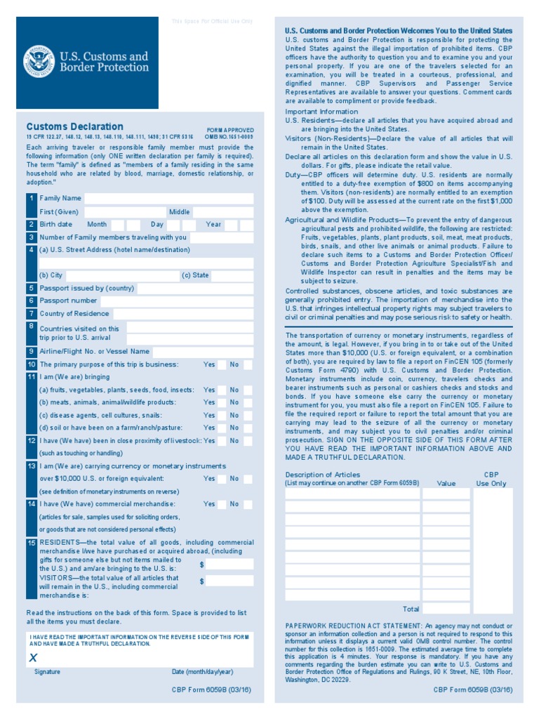 Usa Cbp Form 6059b | U.S. Customs And Border Protection | Customs