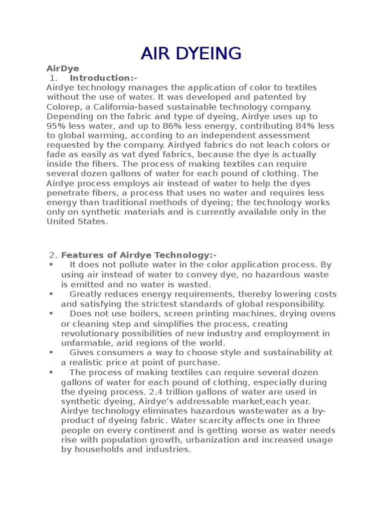 Airdye Technology Eliminates Water from Dyeing Process | PDF | Dyeing ...