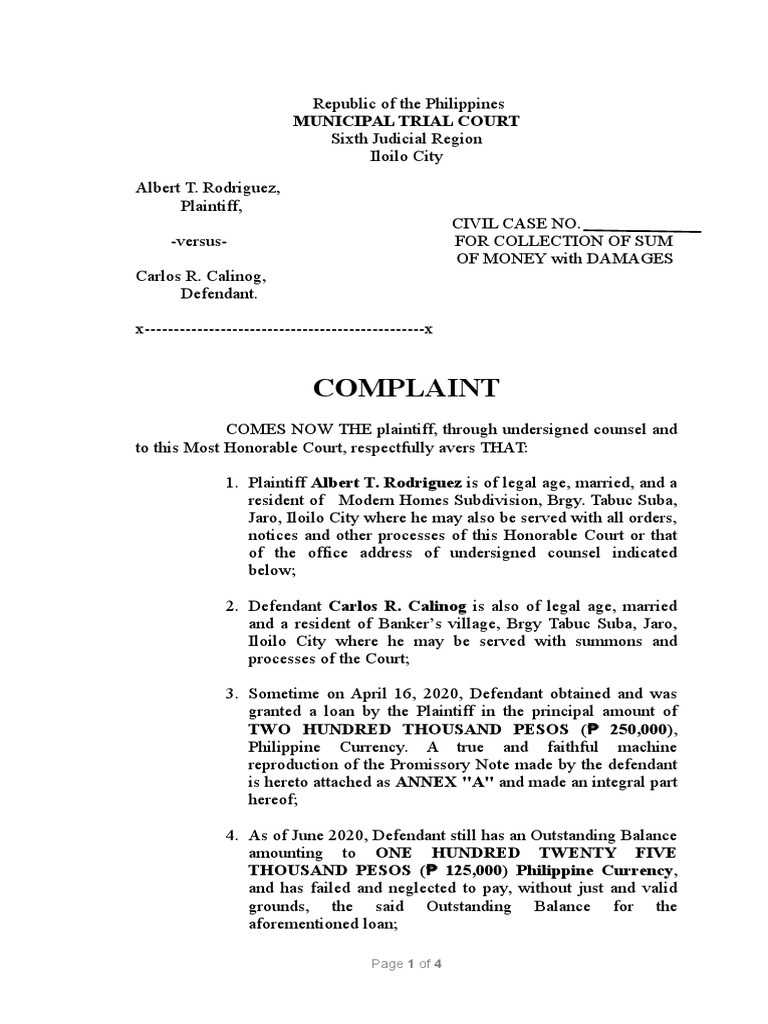 Complaint For Collection of Money | PDF | Lawsuit | Attorney's Fee
