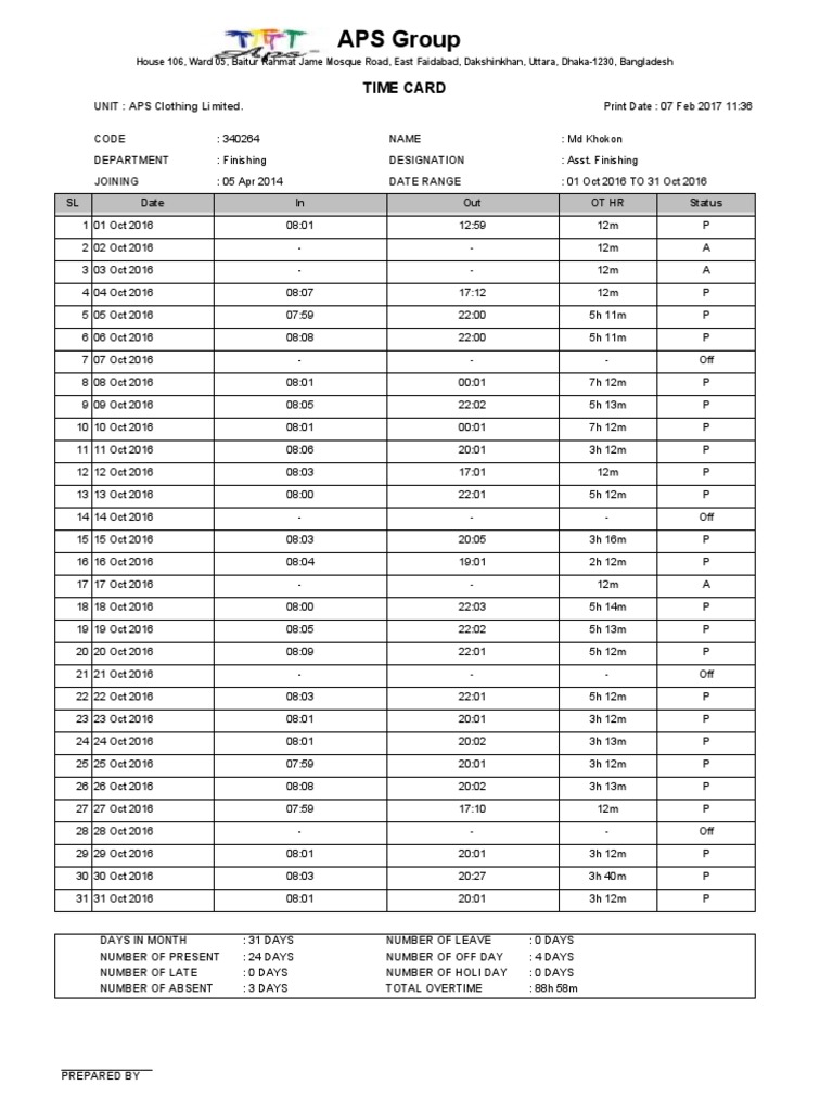 APS Group: Time Card | PDF