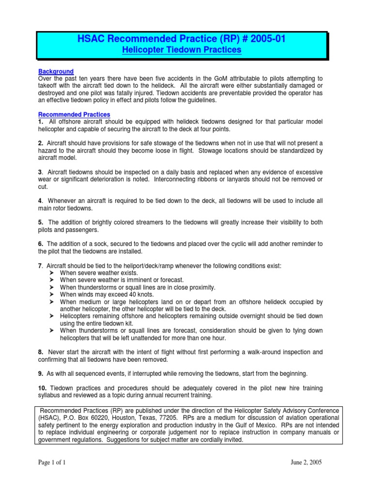 HSAC Recommended Practice (RP) # 2005-01: Helicopter Tiedown Practices ...