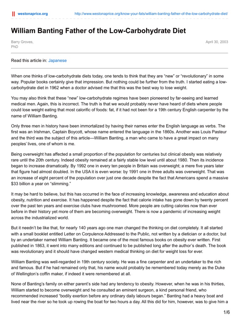 William Banting Father of The Low-Carbohydrate Diet | PDF | Dieting | Low Carbohydrate Diet