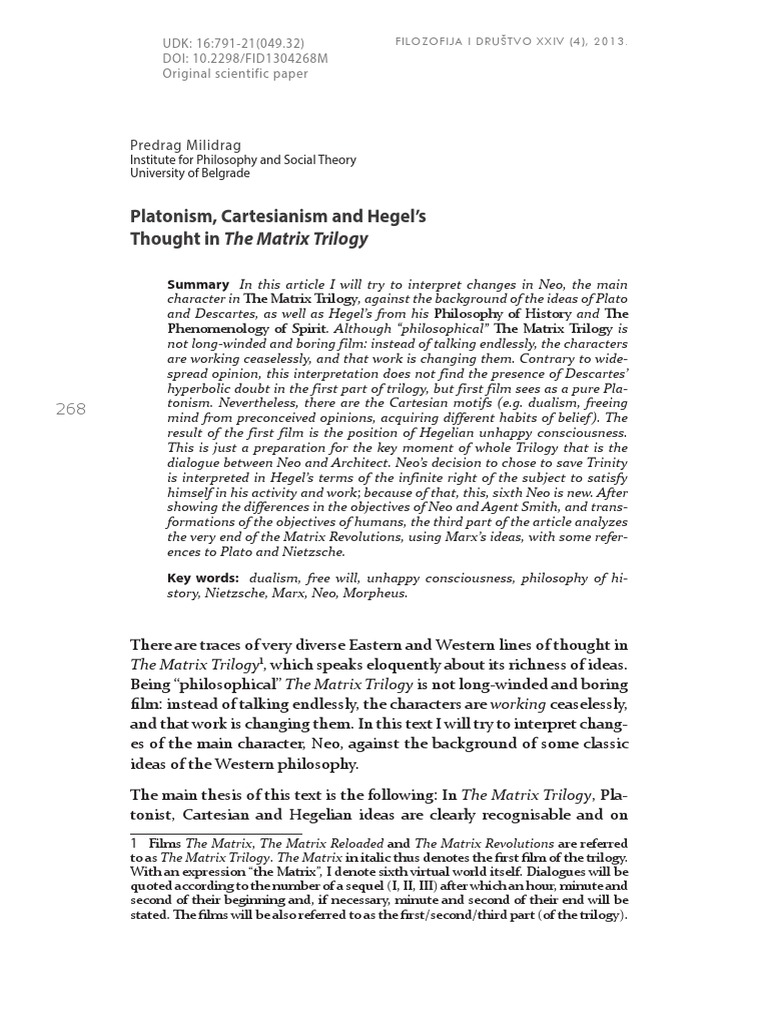Platonism, Cartesianism and Hegel's Thought in The Matrix Trilogy | PDF ...