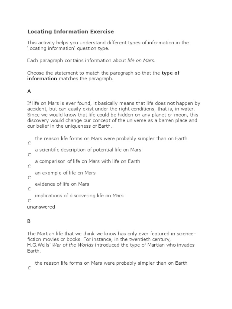 Locating Information Exercise | PDF | Life On Mars | Mars