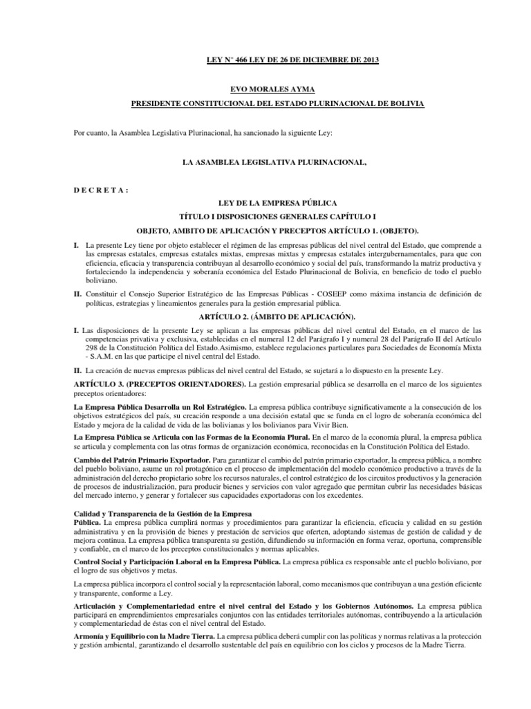 Bolivia Ley #466 de La Empresa Pública | PDF | Empresa de propiedad ...
