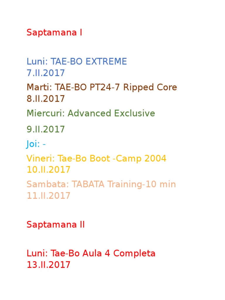 Luni: Tae-Bo Extreme 7.II.2017: Saptamana I | PDF