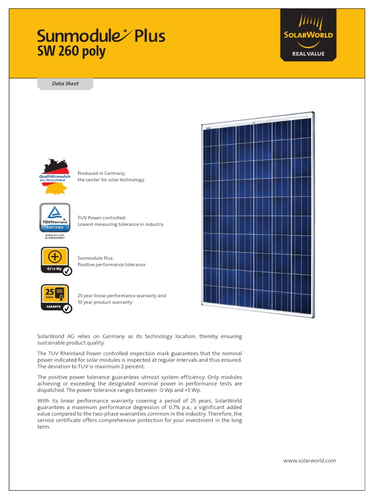 SolarWorld Sunmodule Plus SW 260 Poly | PDF | Engineering Tolerance ...