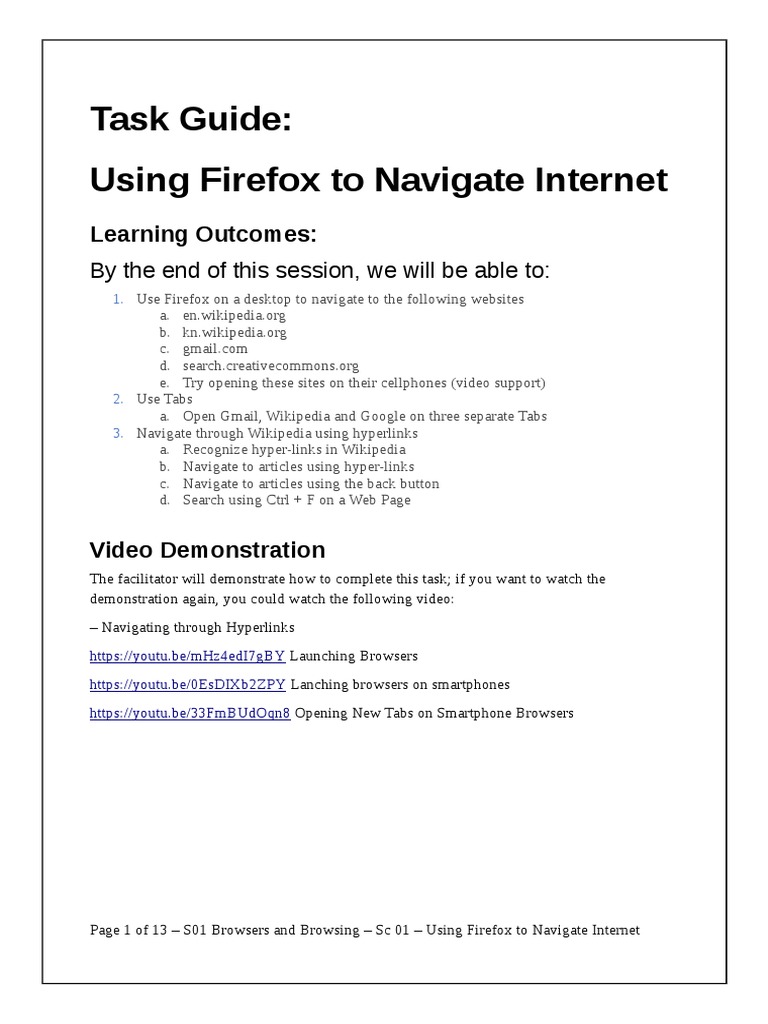 Task Guide: Using Firefox To Navigate Internet: Learning Outcomes | PDF ...