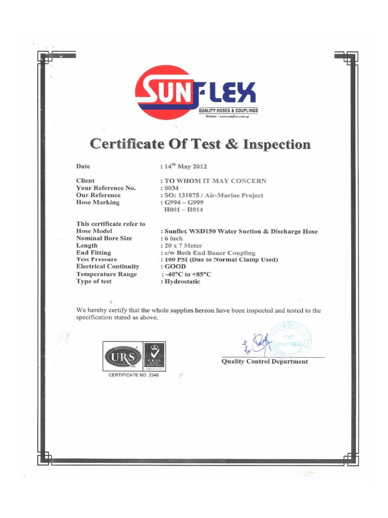 Certificate Water Hose Sunway | PDF