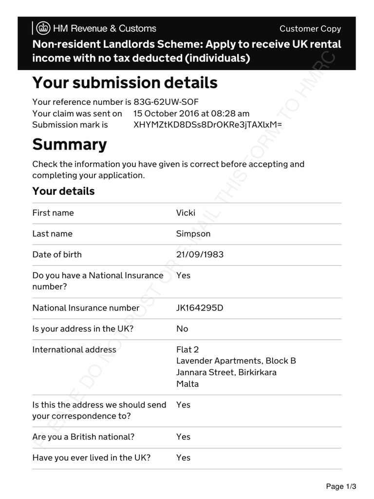 HMRC NRL1e Non Resident Landlord Application For An Individual 83G 62UW ...