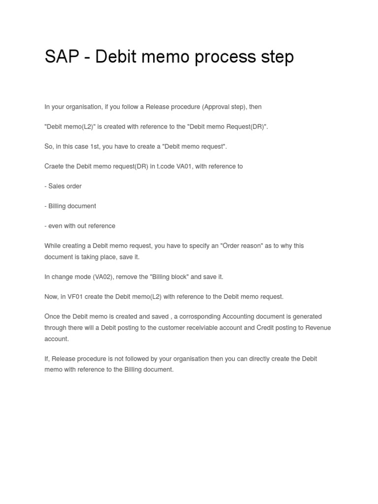 SAP Debit Memo Process Steps | PDF