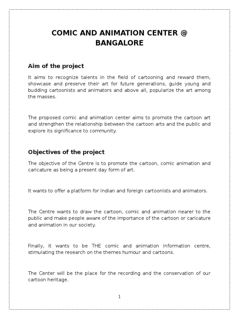 Comic and Animation Center at Bangalore: Aim of The Project | PDF ...