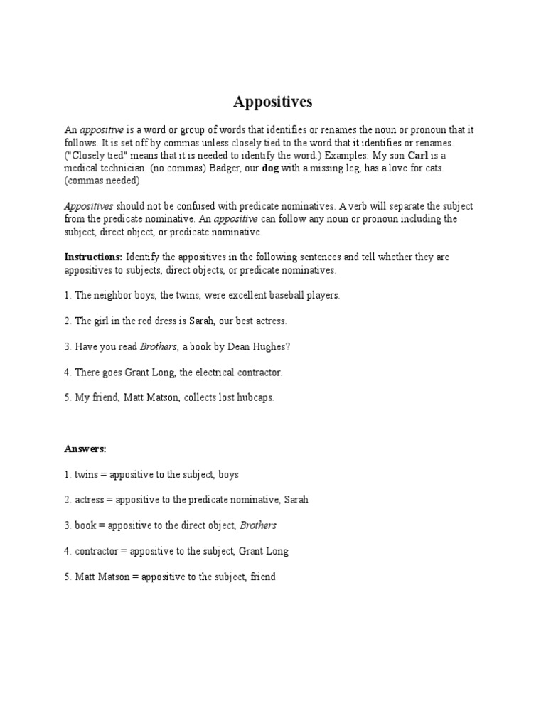 Appositives Explained with Examples | PDF | Language Arts & Discipline