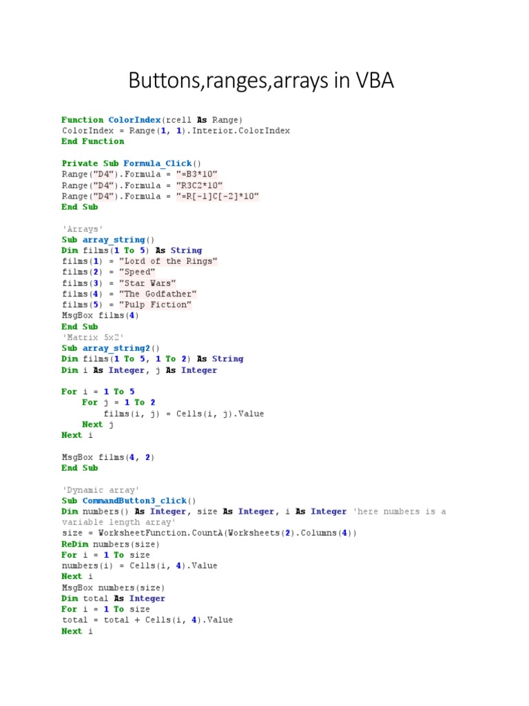 Buttons, Ranges and Arrays - VBA | PDF | Subroutine | Matrix (Mathematics)